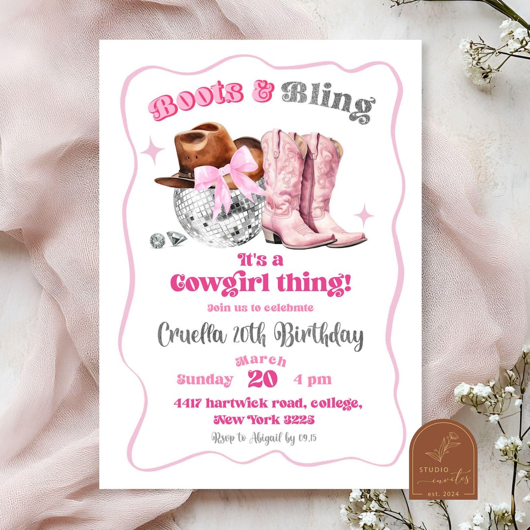 Boots and Bling Space Cowgirl Birthday Invitation, Pink Bow Silver ...