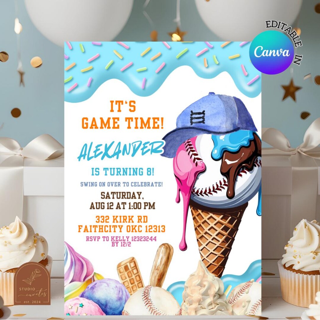 Baseball Ice Cream Dripping Birthday Party Invitation, It's Game Time ...