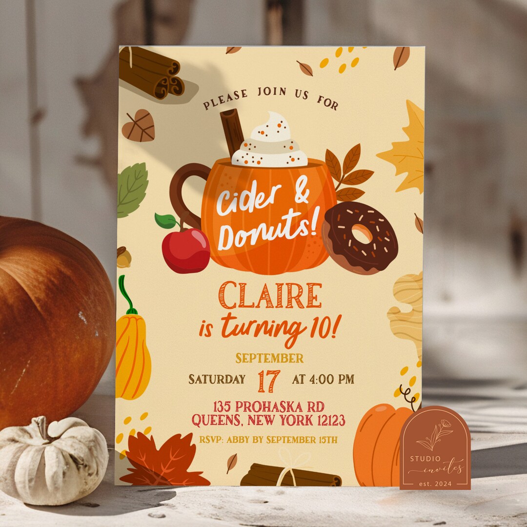 Fall Cider and Donuts Birthday Party Invitation, Hand Drawn Pumpkin ...
