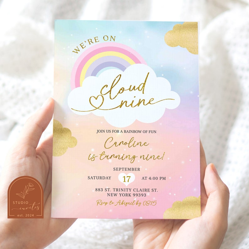 Editable Cloud and Rainbow 9th Birthday Invitation, Colorful Cloud Nine ...