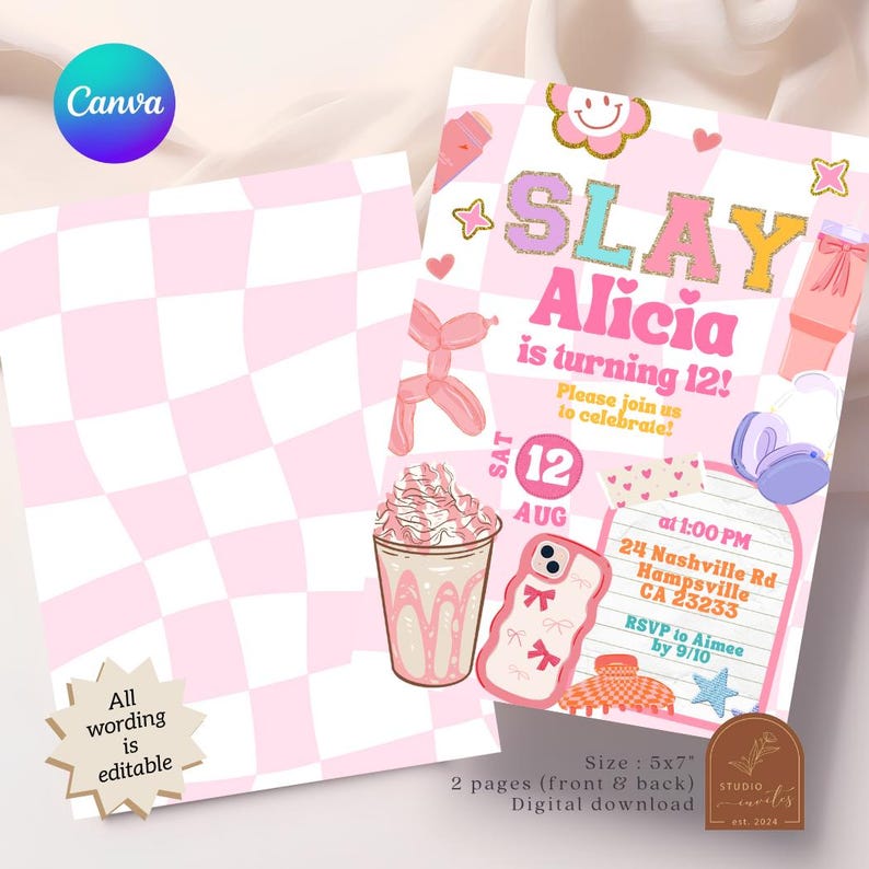Retro Slay Aesthetic Tween Patch Party Birthday Invitation, Blush Pink ...