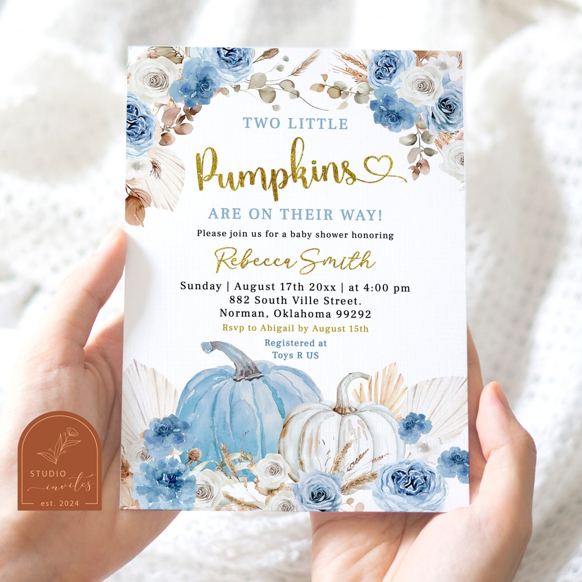 Boho Blue Pumpkin Twins Boy Baby Shower Invitation, Two Little Pumpkins ...