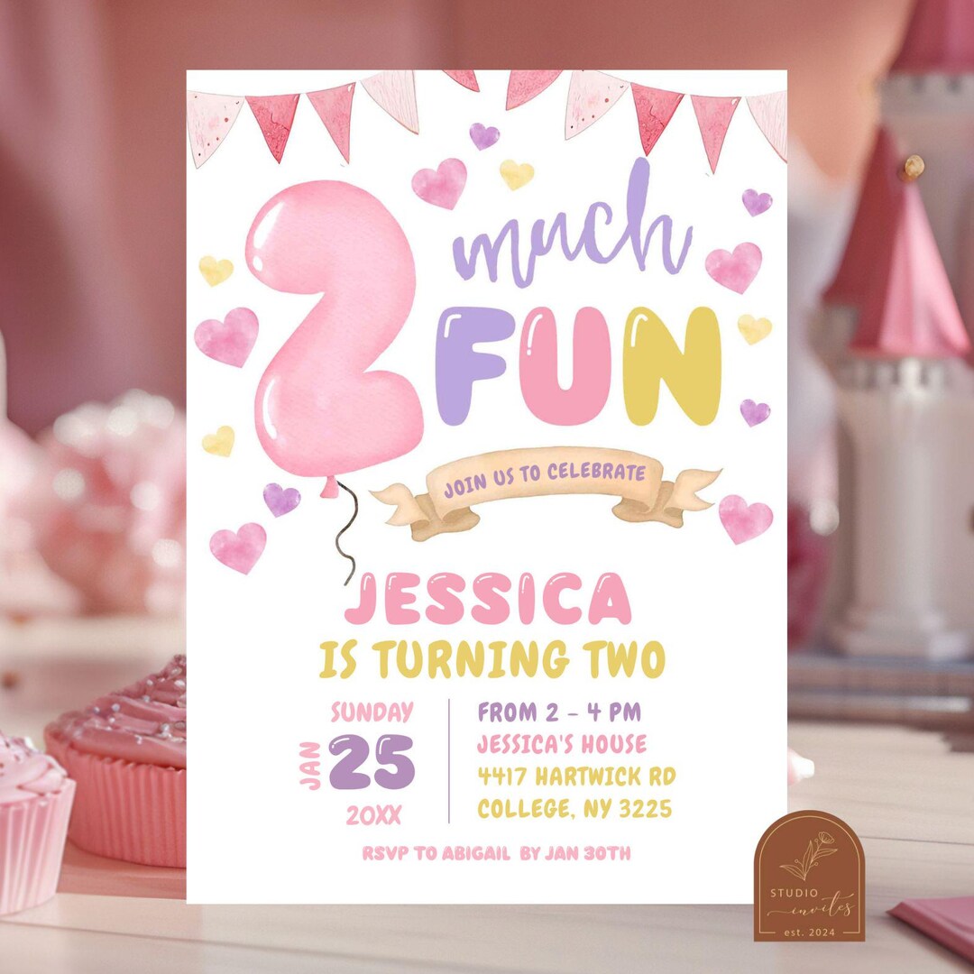 Two Much Fun Sweetheart Birthday Girl Invitation, Rainbow Two Sweet 2nd ...