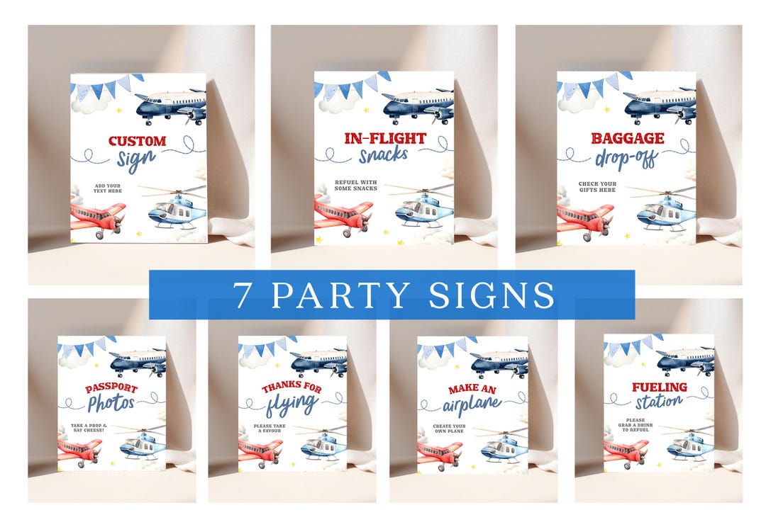 Airplanes 4th Birthday Boy Party Signs, Ready Four Take off Plane 4th ...