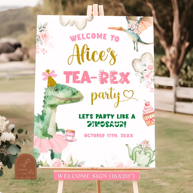 Pink Tea Rex Girl Dinosaur Welcome Sign, Three Rex Tutu Dinosaur Girl ...