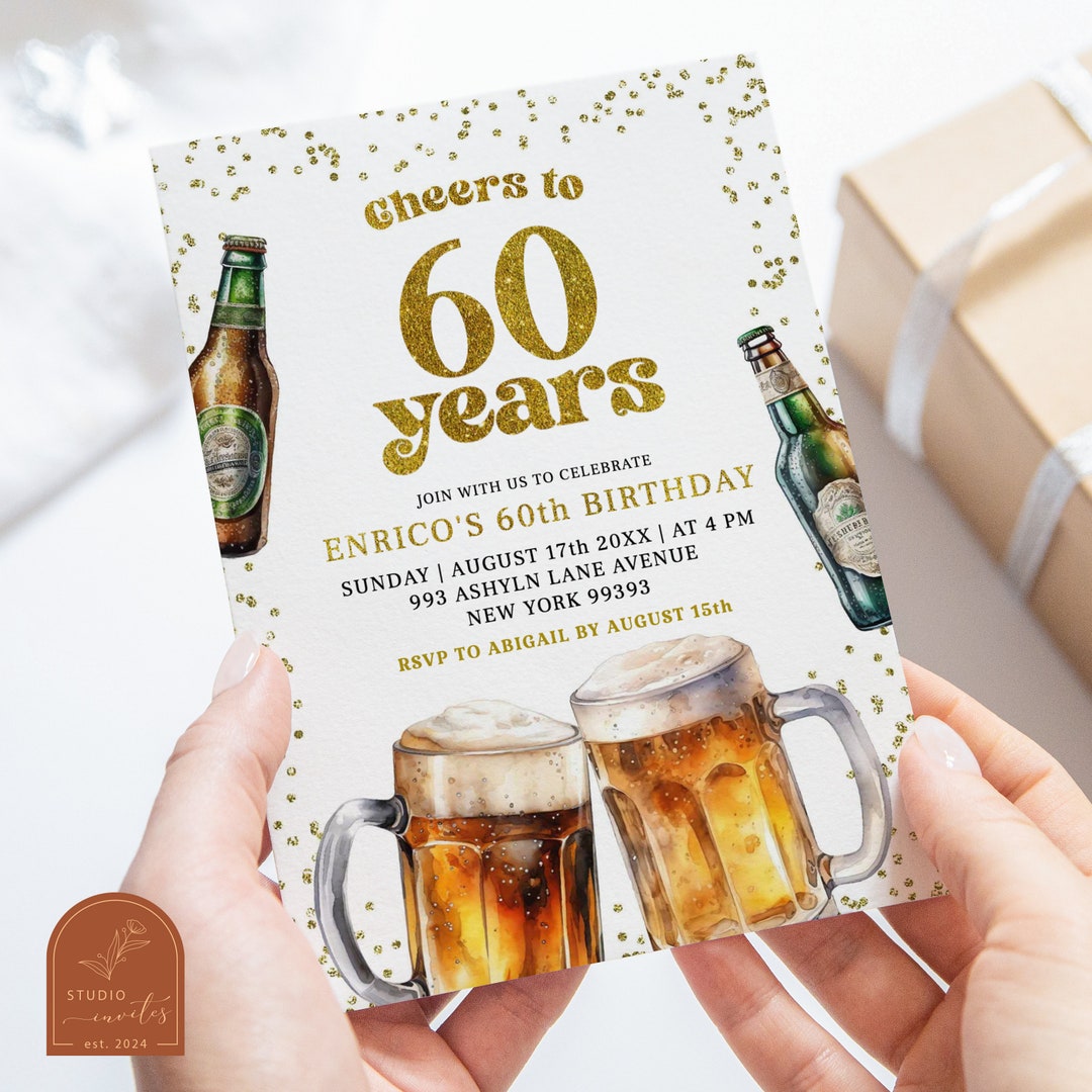 Editable Beer Cheers to 60th Birthday Invitation, Elegant Glitter Gold ...