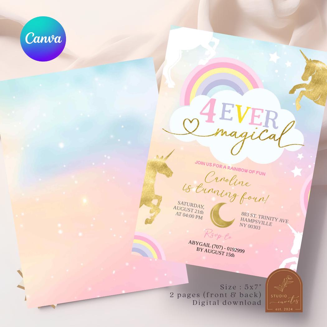 Modern Magical Unicorn 4th Birthday Invitation, Pastel Colorful 4 Ever ...