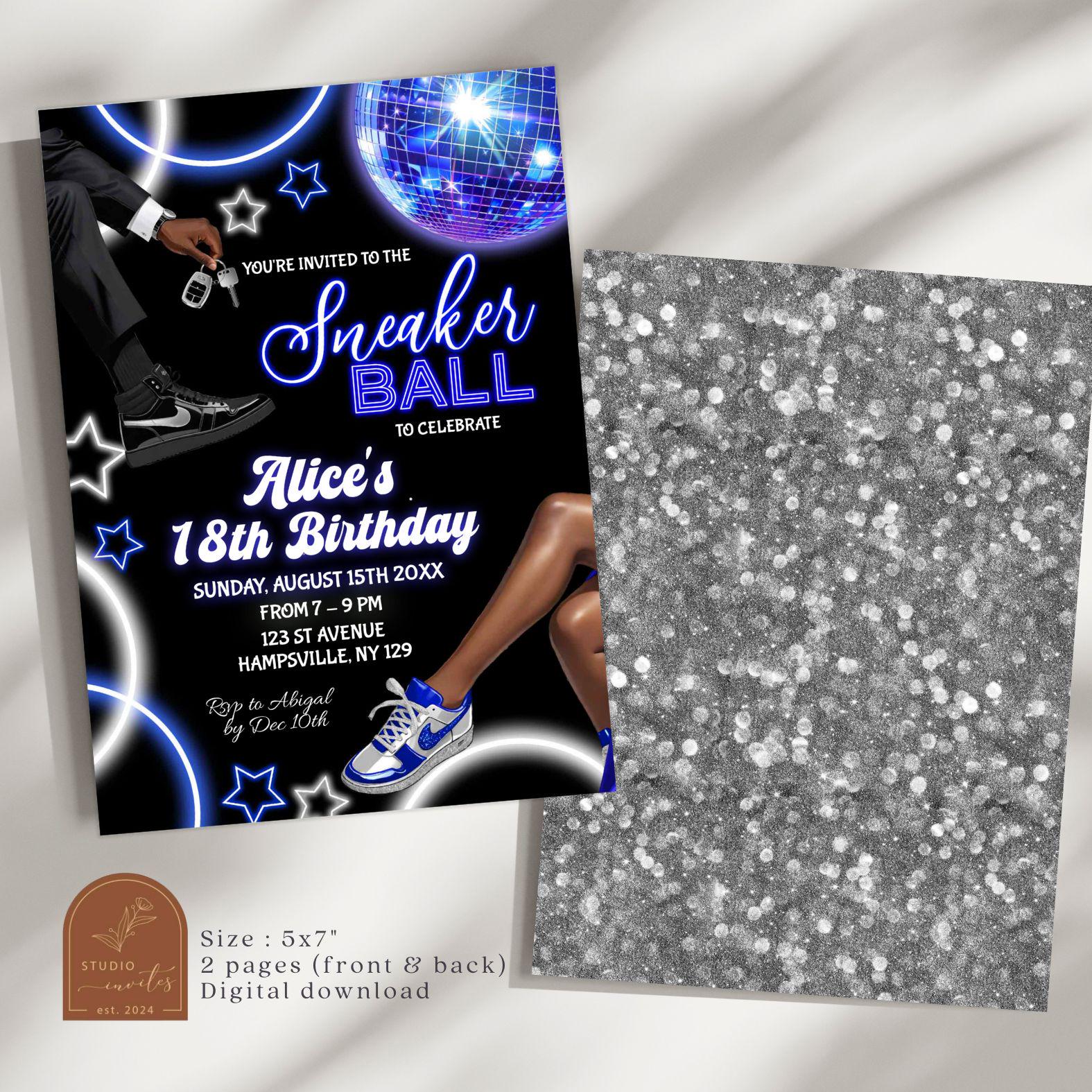 Neon Blue Sneaker Ball Teens Birthday Invitation, Retro Blue Disco Ball ...