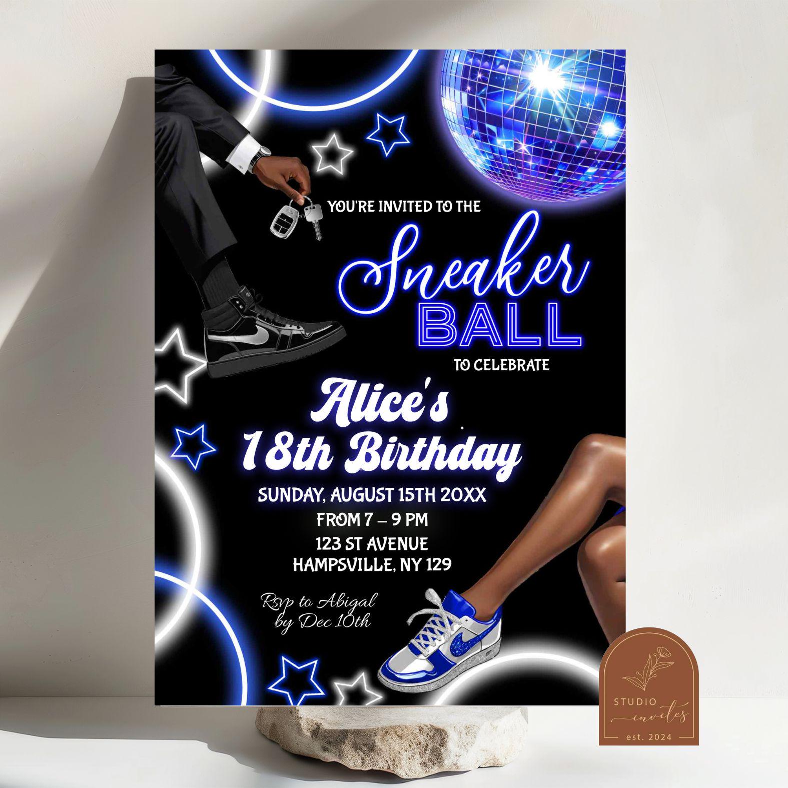 Neon Blue Sneaker Ball Teens Birthday Invitation, Retro Blue Disco Ball ...