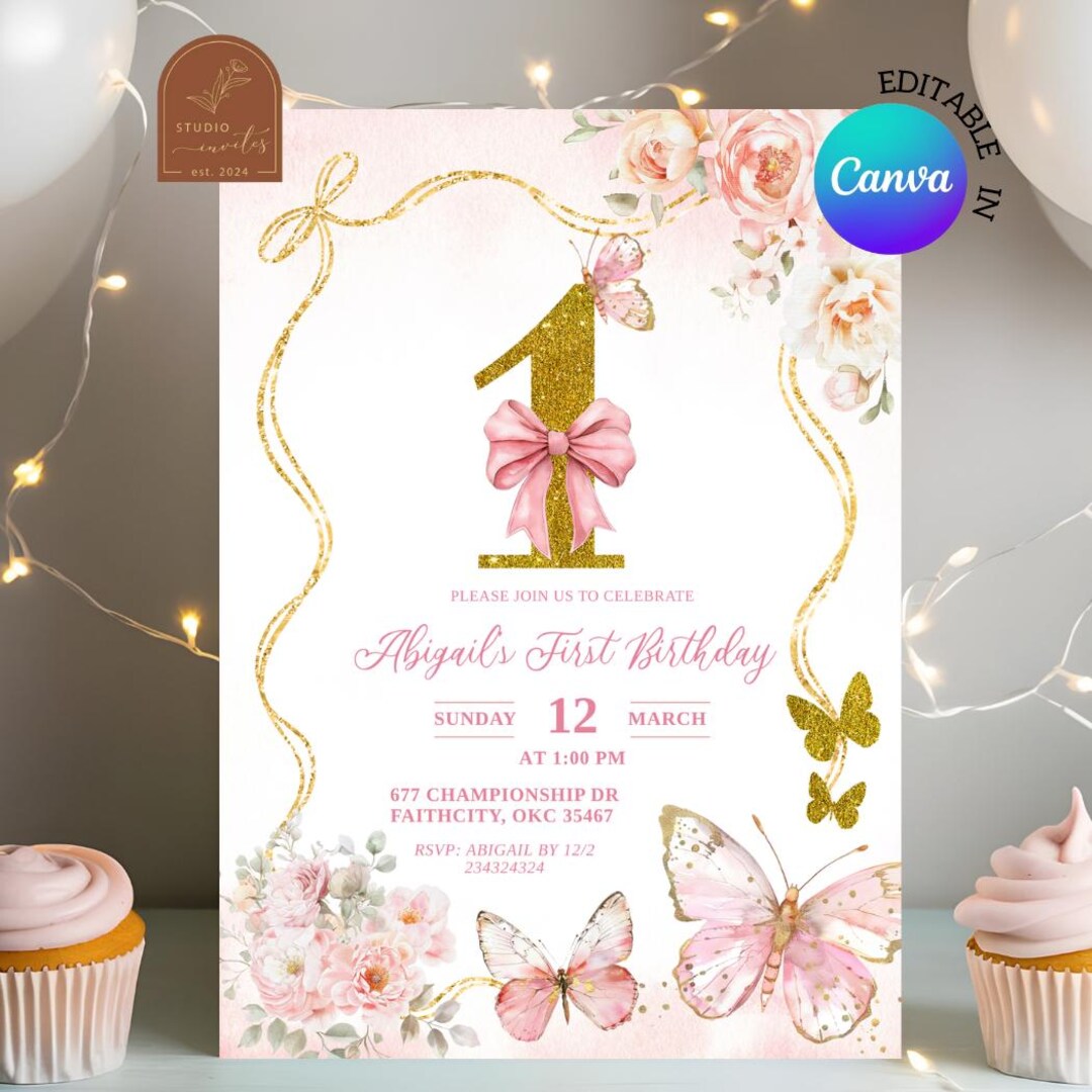 Blush Pink Butterfly First Birthday Invitation, Coquette Bow Floral 1st ...