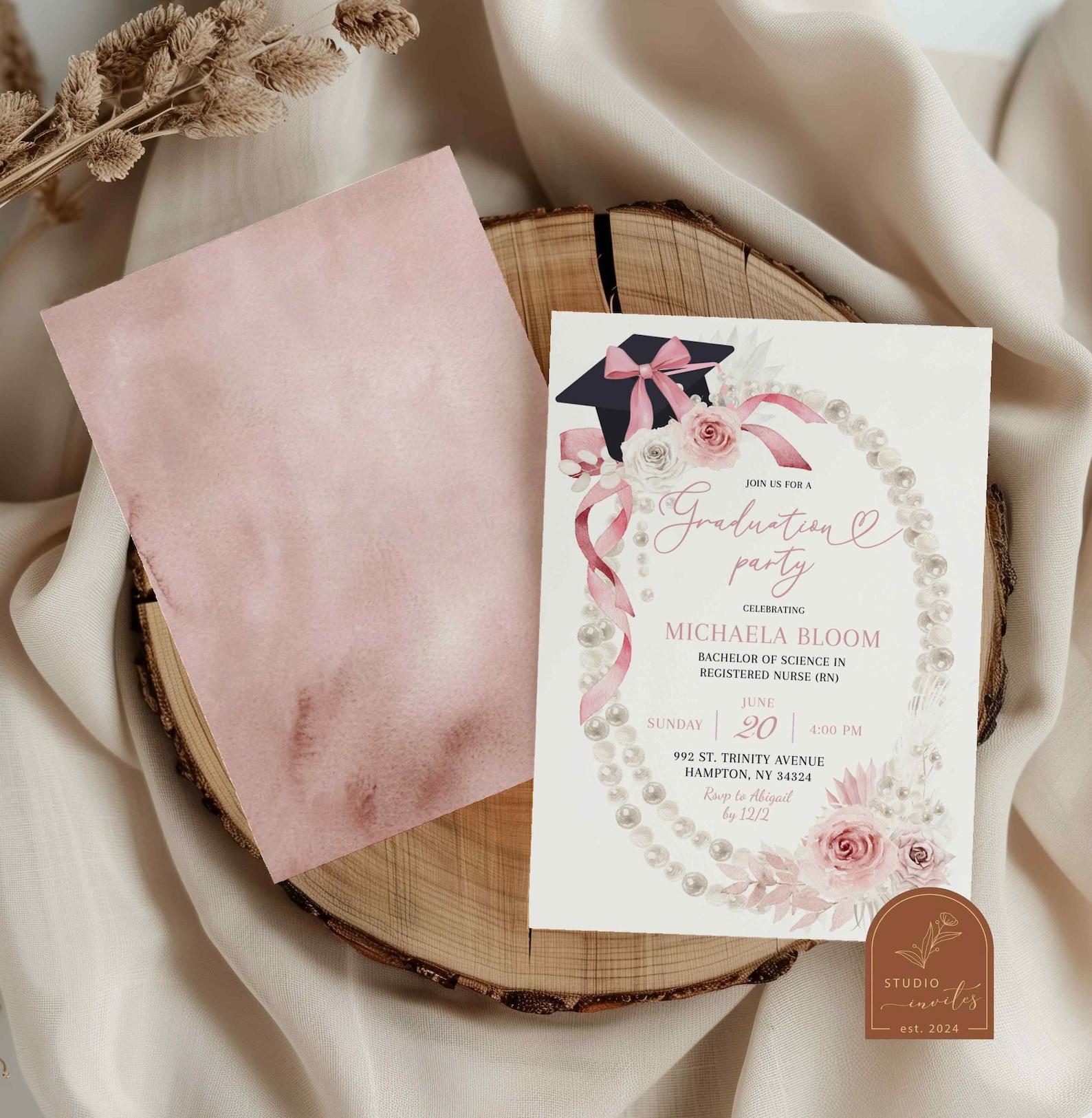 Pearl Boho Pink Floral Graduation Party Invitation, Pink Bow and Pearl ...
