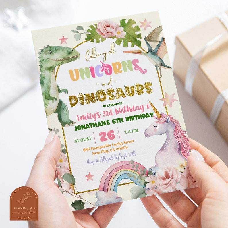 Unicorns and Dinosaurs Joint Sibling Birthday Party, Boy and Girl Kids ...