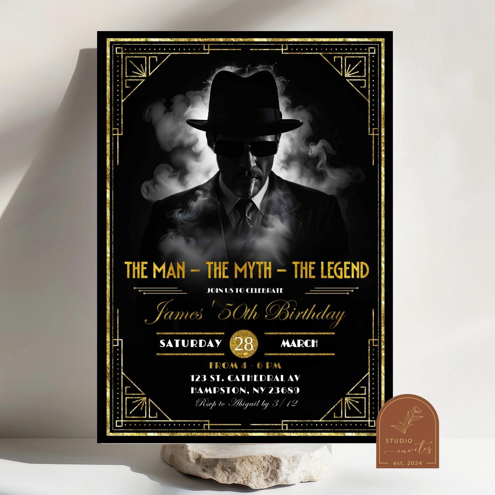 Gold Art Deco Legend Birthday Invitation, the Man Myth Legend 50th ...
