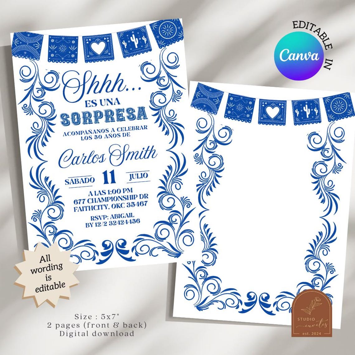 Spanish Blue Talavera Surprise Birthday Fiesta Invitation, Shhh Es Una ...