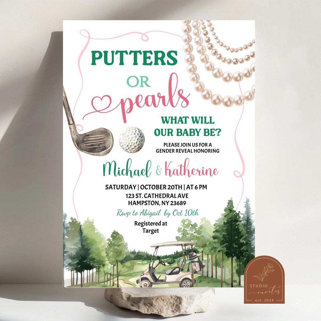 Putters or Pearls Gender Reveal Invite, Let's Partee Golf Gender Reveal ...