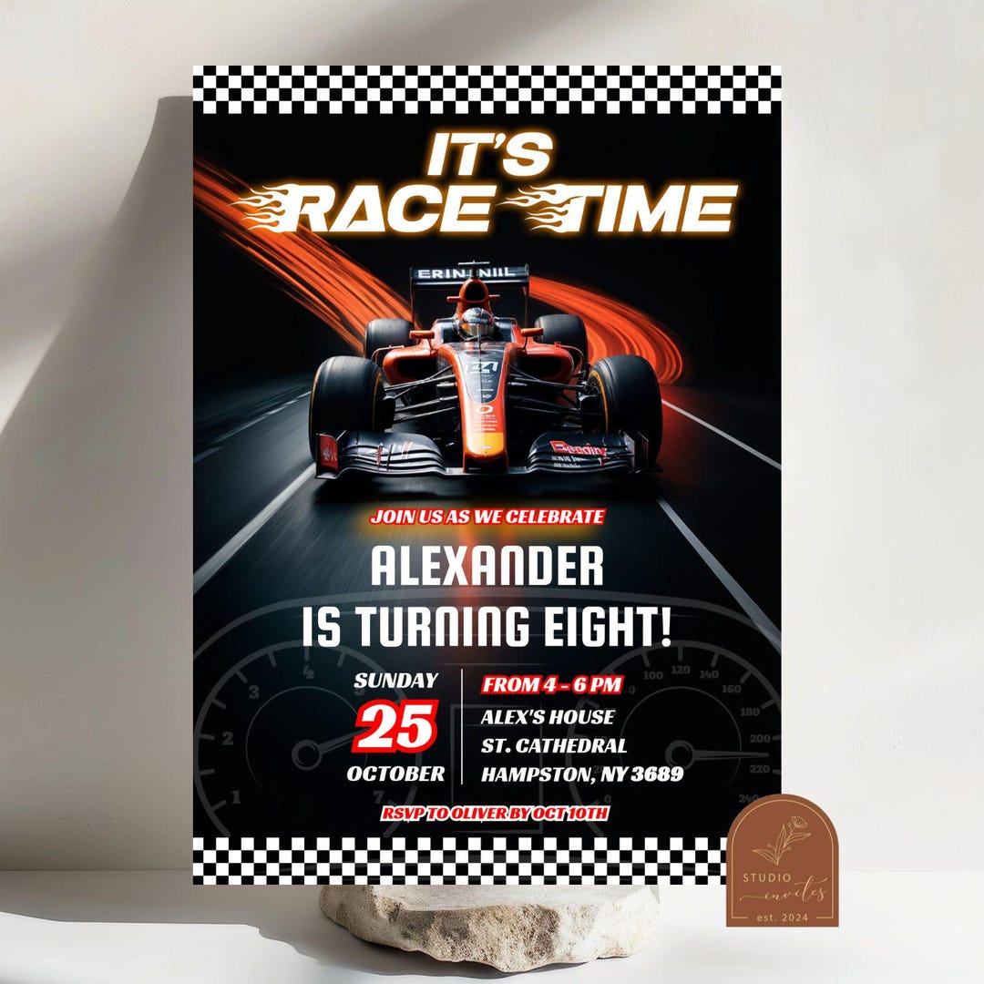 F1 Racing Car Birthday Invitation, Formula One Red Race Car Boy ...
