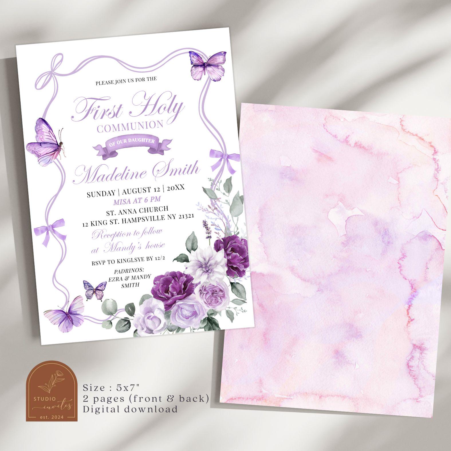 Lilac Purple First Holy Communion Invitation, Bow Floral Lavender ...