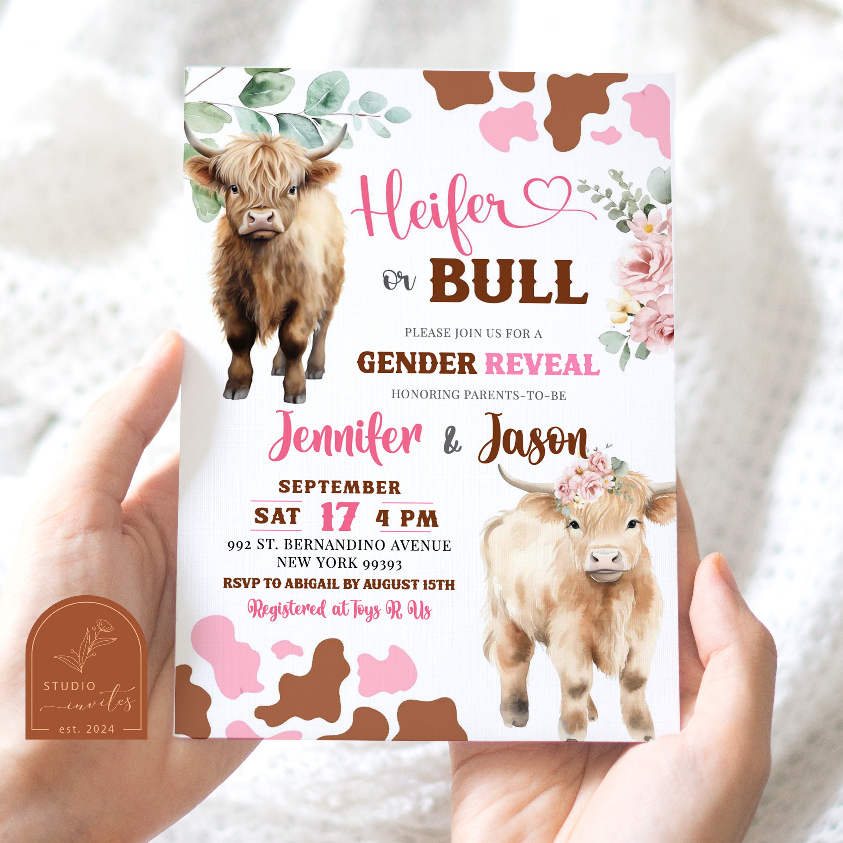 Heifer or Bull Gender Reveal Invitation, Modern Highland Cow New Baby ...