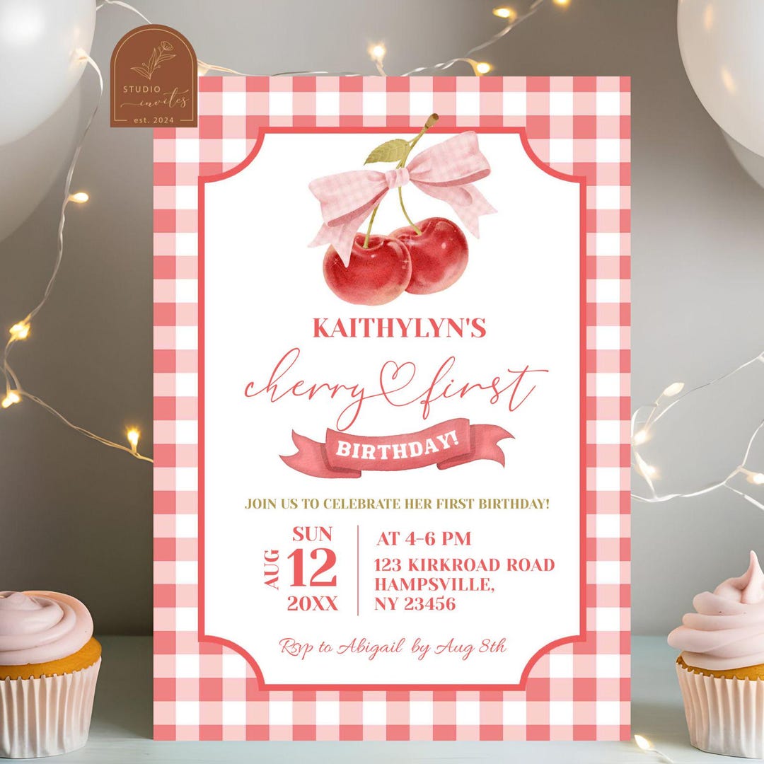 Preppy Cherry First Birthday Girl Invitation, Hand Drawn Pink Coquette ...