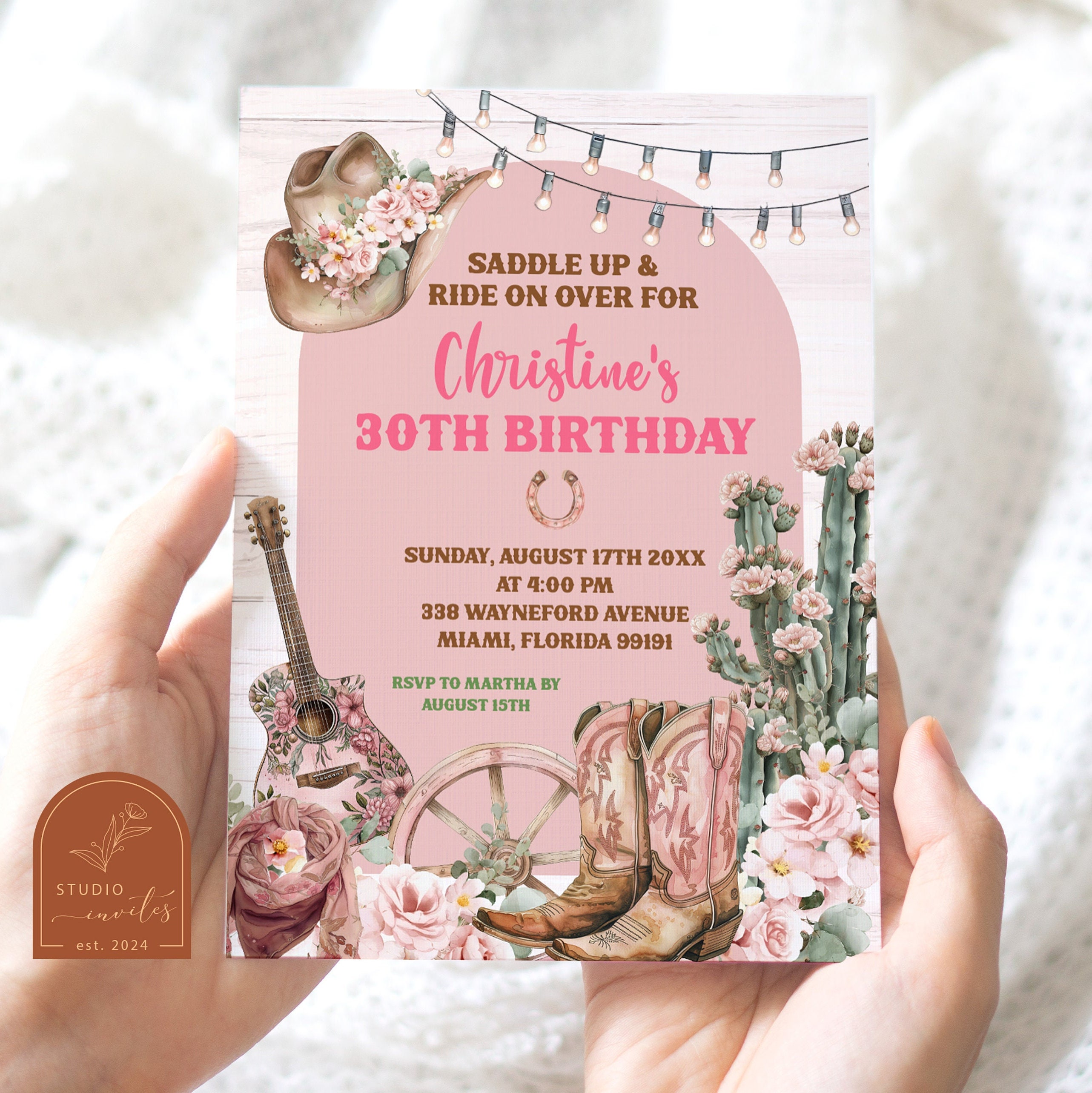 Western Pink Floral Cowgirl Birthday Party Invitation Mexican Cactus
