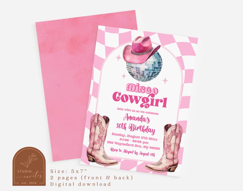 Let's Party Pink Disco Ball Birthday Invitation, Hot Pink Space Cowgirl ...