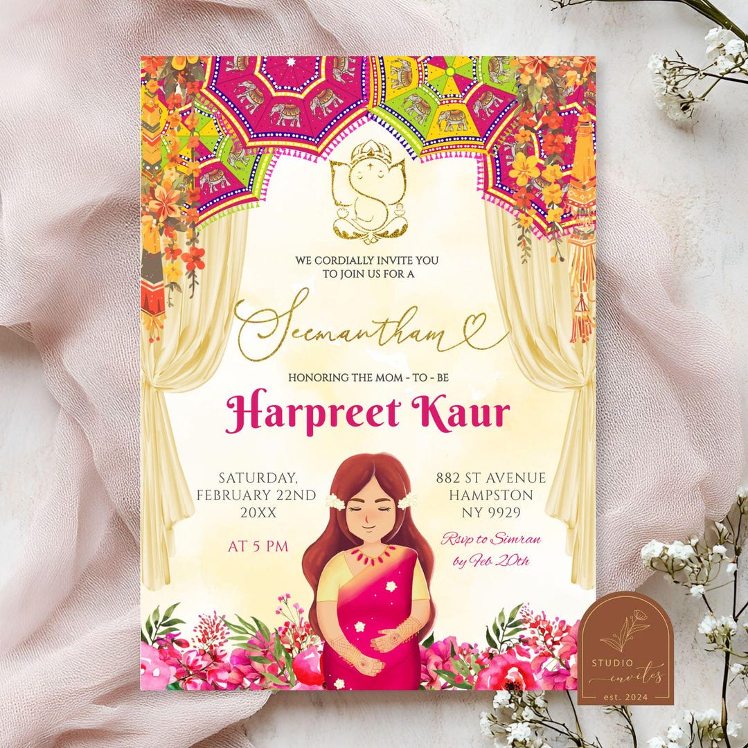 Floral Seemantham Indian Baby Shower Invitation, Purple Valaikappu ...