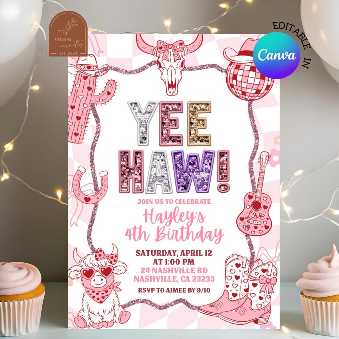Pastel Retro Sequins Yeehaw Cowgirl Birthday Party, Blush Pink Wavy ...