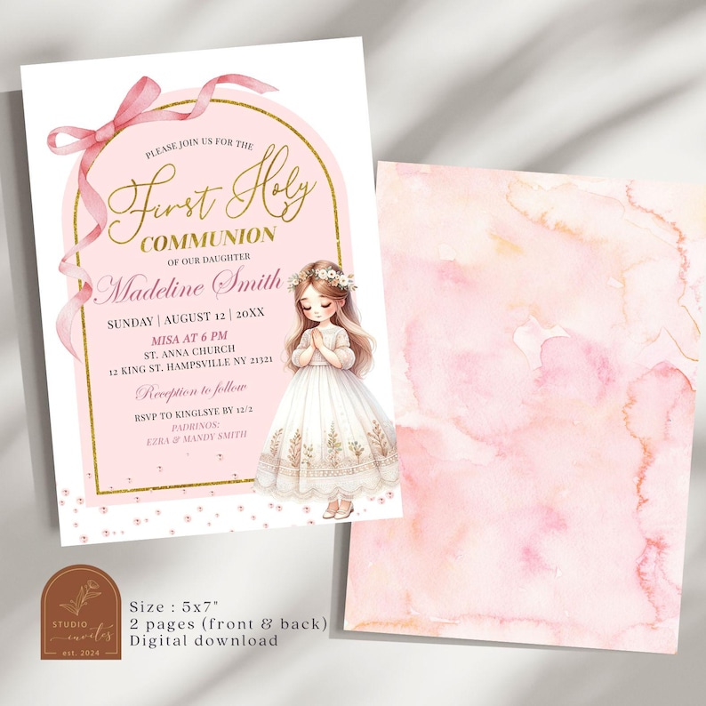 Pink Bow First Holy Communion Invitation, Pearl Holy Communion ...