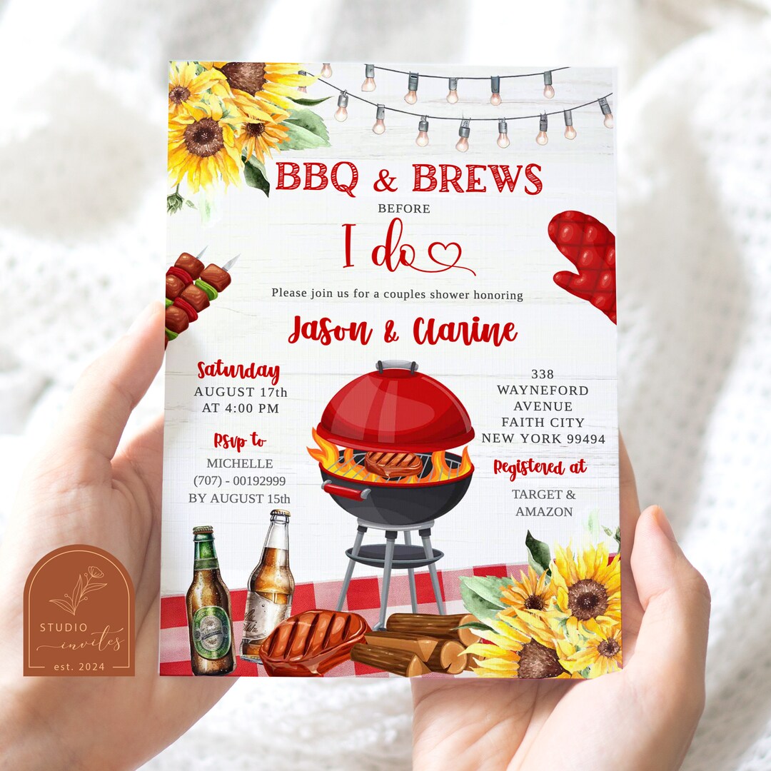 Editable BBQ and Brews Couples Shower Invitation, Sunflower Backyard ...