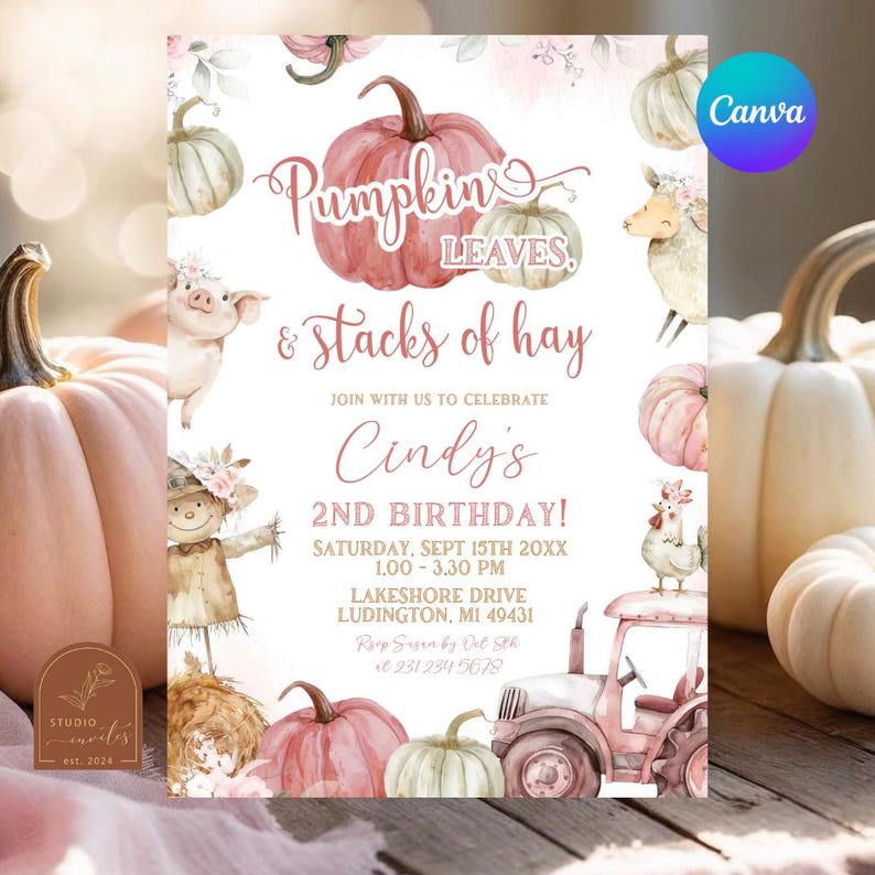 Blush Pink Fall Farm Birthday Invitation, Boho Pumpkin Leaves and ...