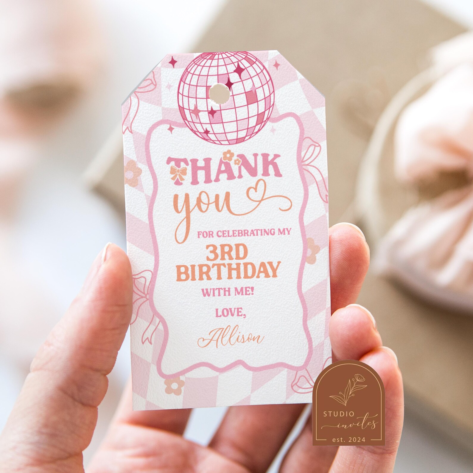 Preppy Disco Ball Thank You Tags, Retro Pink Bow Disco Girl Favor Tag ...