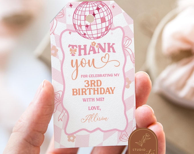 Preppy Disco Ball Thank You Tags, Retro Pink Bow Disco Girl Favor Tag ...
