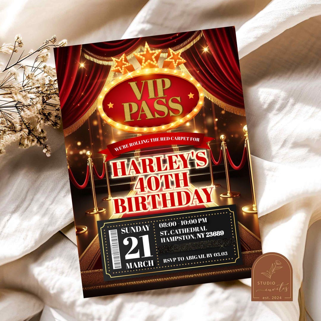 VIP Pass Glamour Hollywood Birthday Invitation, Gold Premiere Birthday Party, Movie Star ...