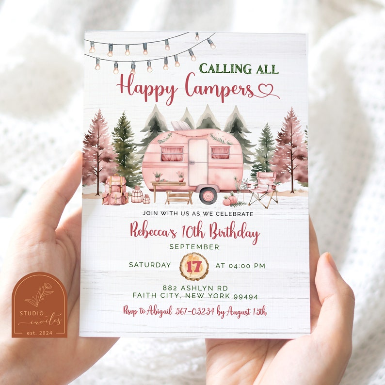 Editable Pink Camping Birthday Invitation, Girl's Sleepover Camp Birthday Party, Pink Camp Out ...