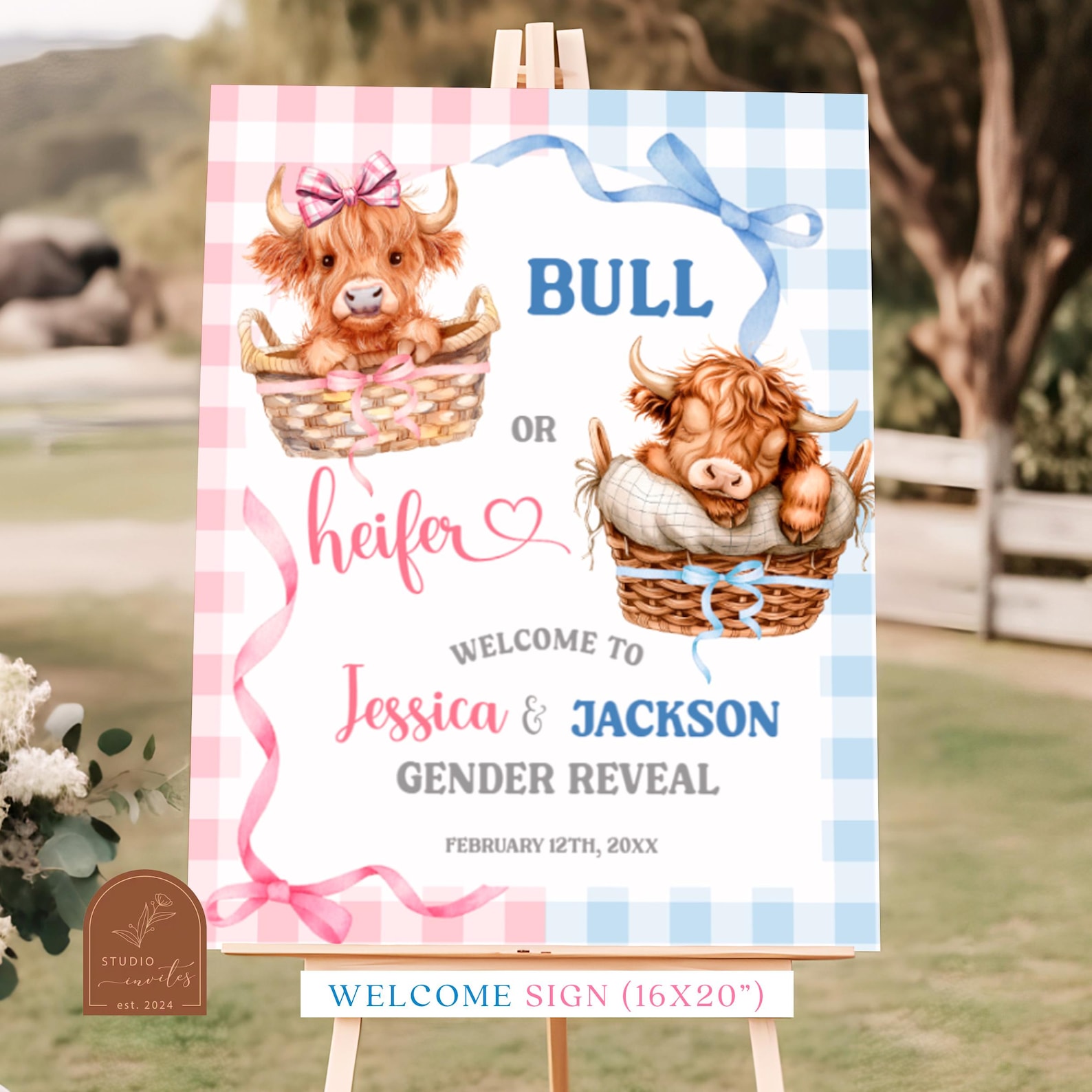 Preppy Bull or Heifer Cow Gender Reveal Welcome Sign, Blue Pink Bow ...