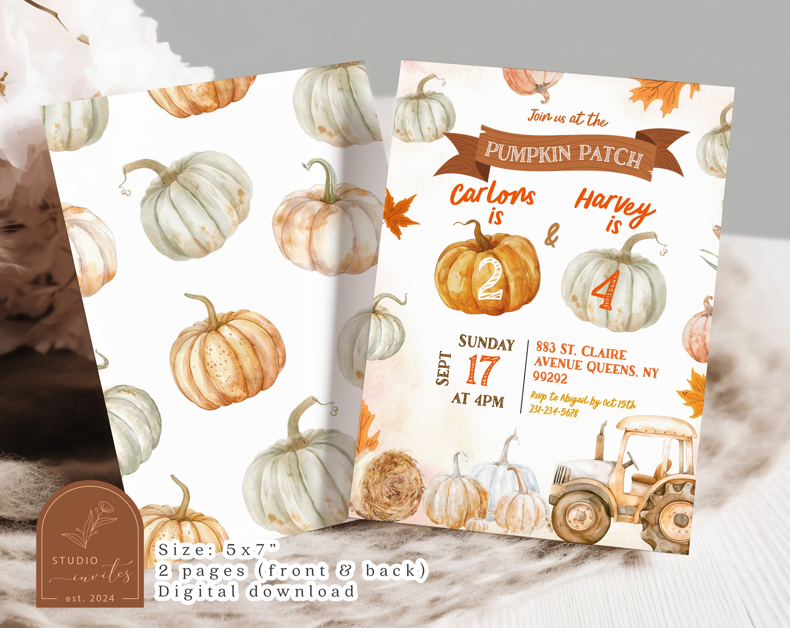 Pumpkin Patch Tractor Joint Birthday Invitation, Orange Pumpkins and ...