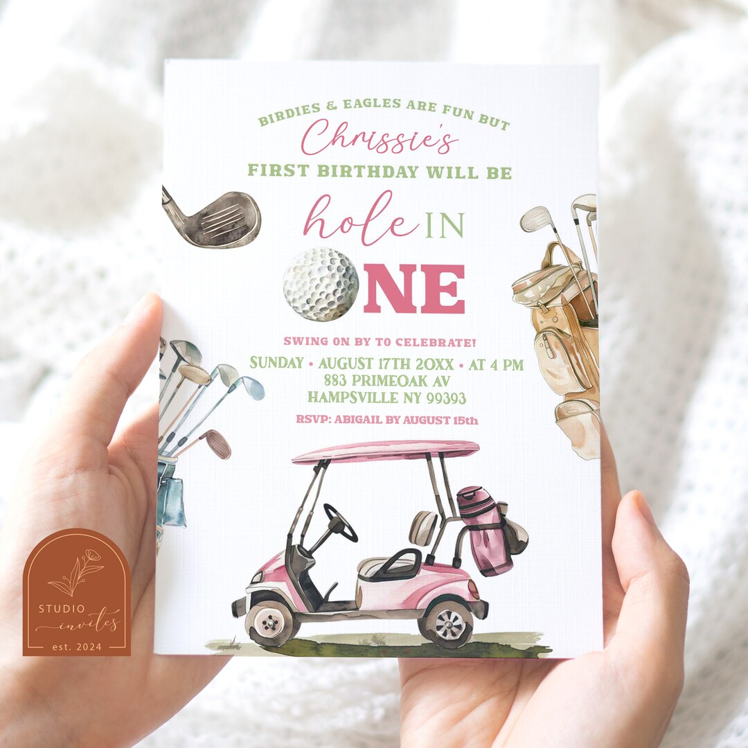 Editable Pink Girl Birthday Invitation, Hole in One Golf First Birthday ...