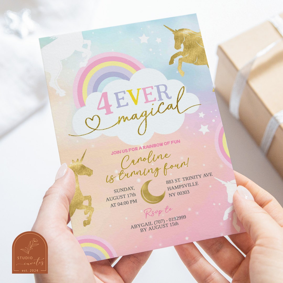 Modern Magical Unicorn 4th Birthday Invitation, Pastel Colorful 4 Ever ...