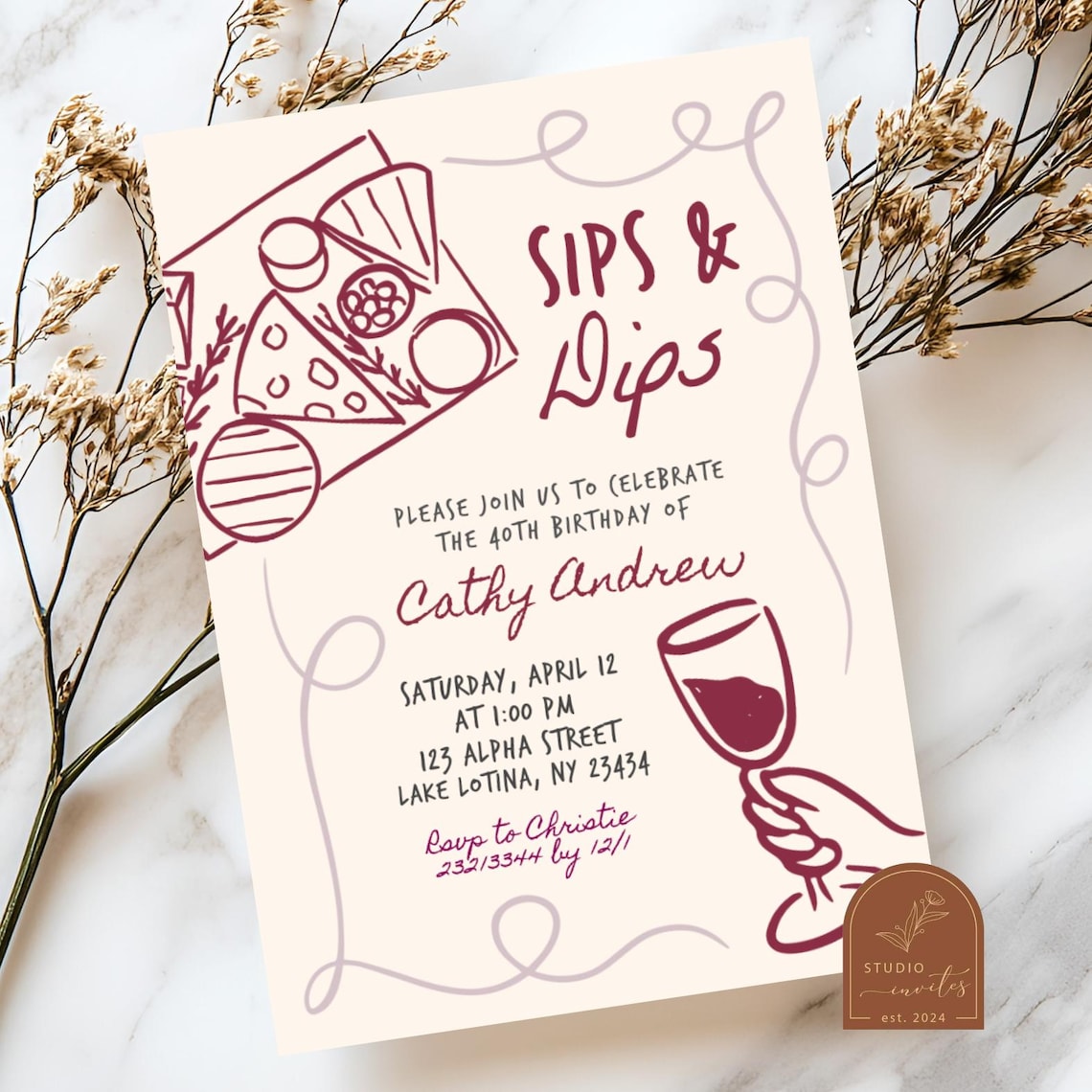 Hand Drawn Sips and Dips Birthday Party Invitation, Quirky Sips Dips ...