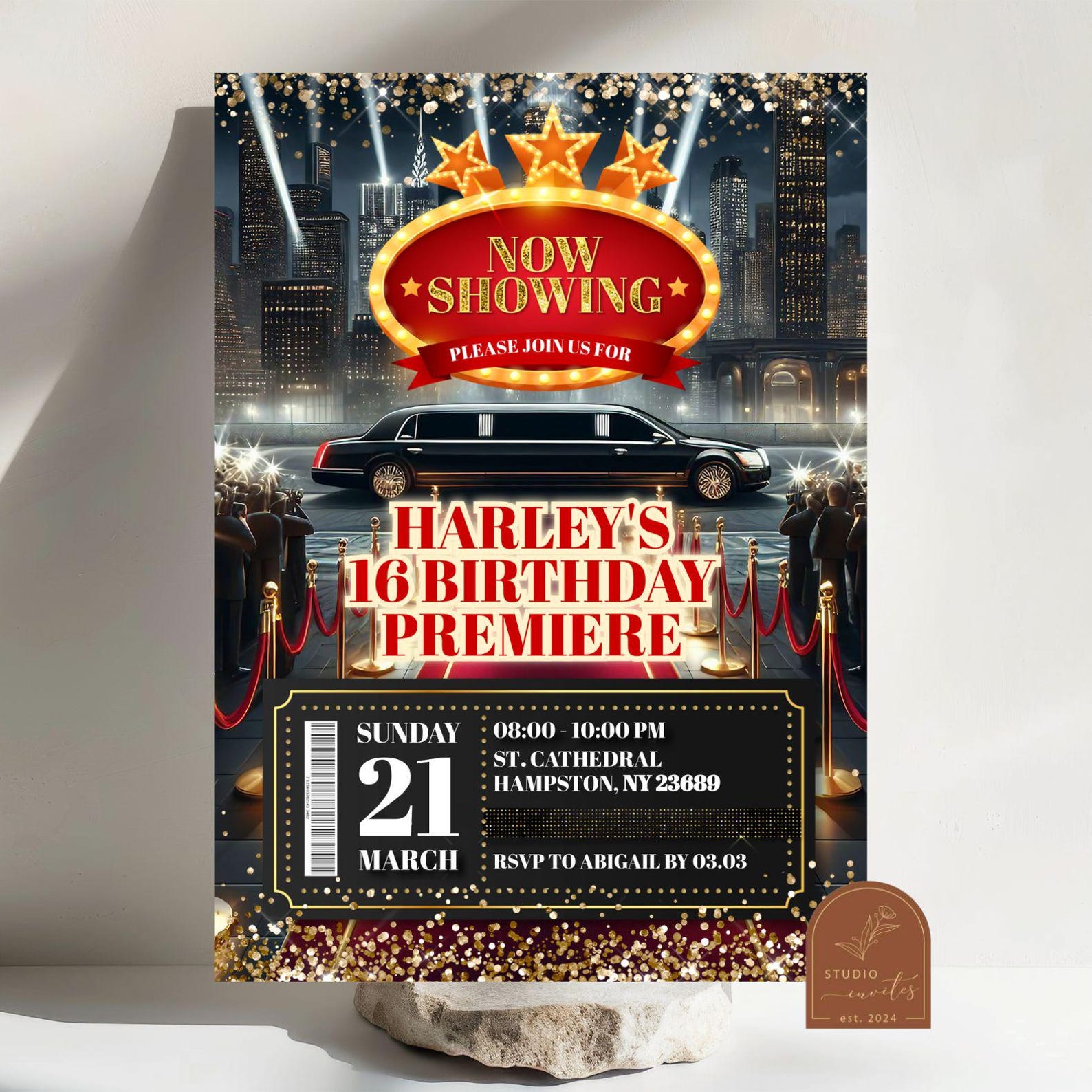 Red Carpet Movie Premiere Birthday Invitation, Hollywood Birthday Party, VIP Pass Glamour ...