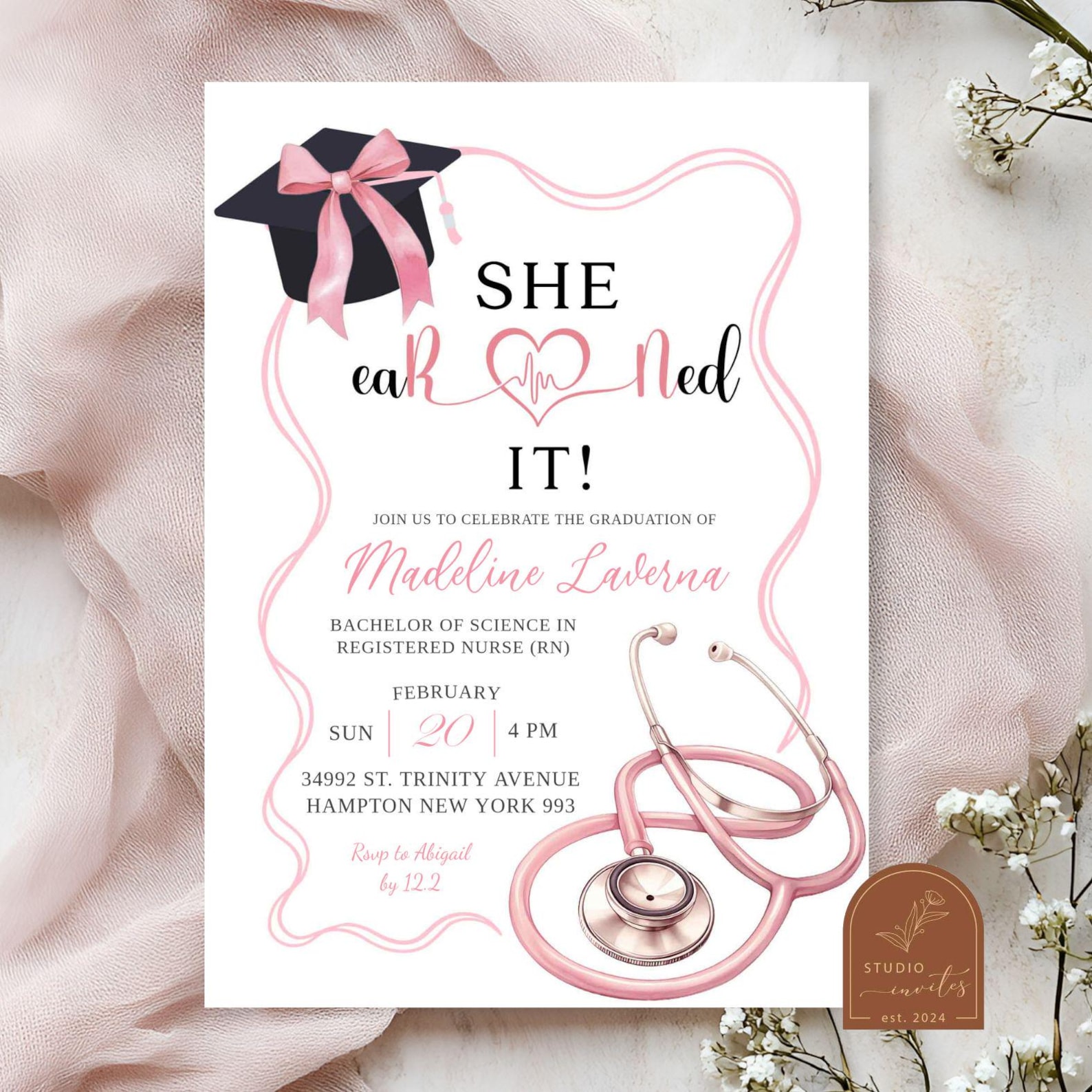Pink Bow Nurse Graduation Party Invite, Coquette Medical Nursing ...