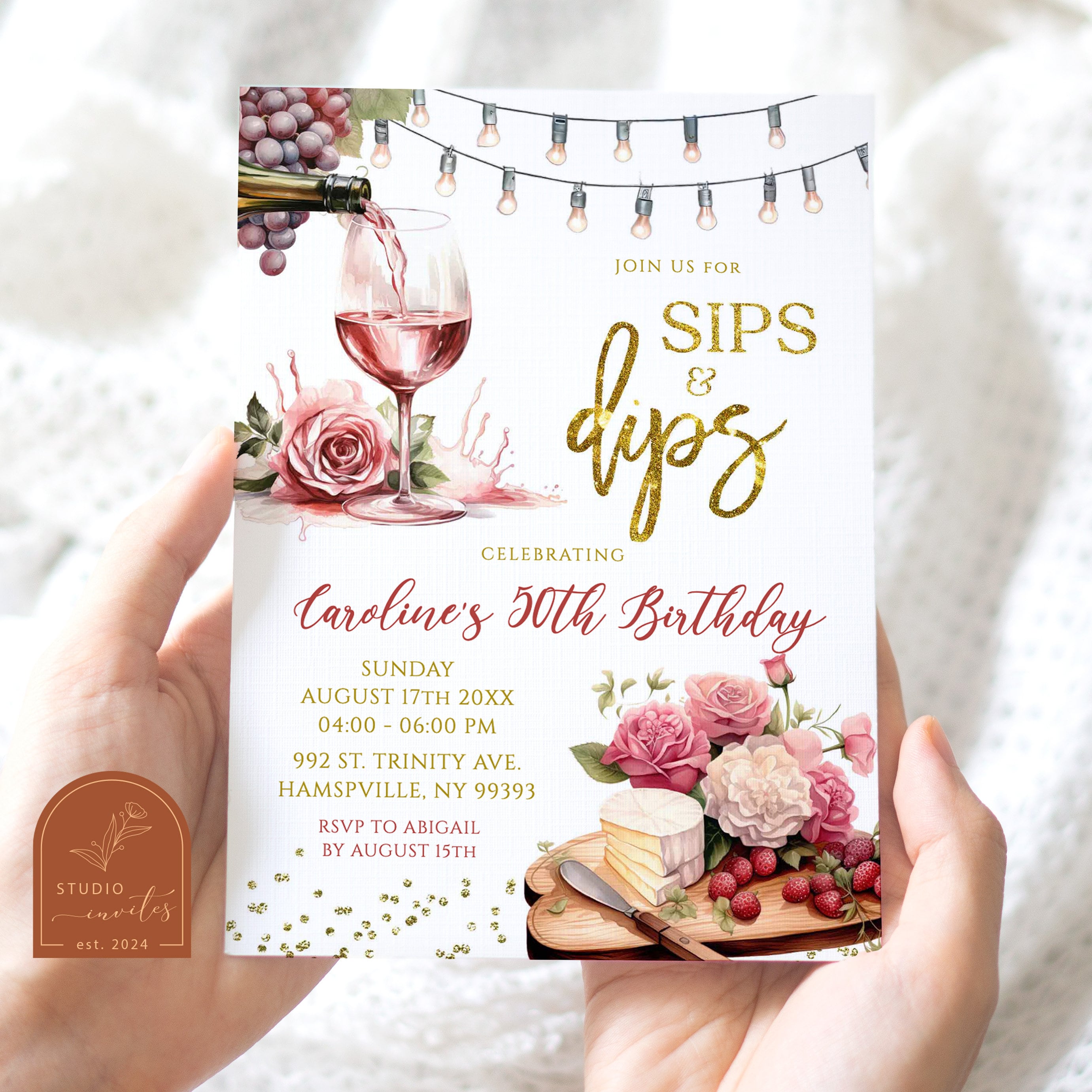 Sips and Dips Birthday Party Invitation, Wine and Cheese Plate Theme ...