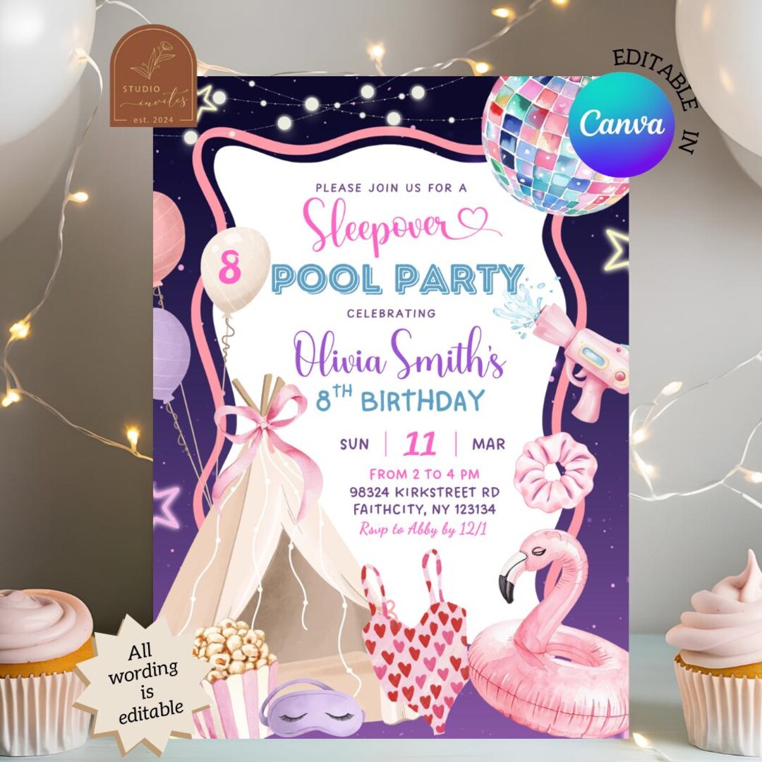 Pink Purple Girl Sleepover Pool Party Birthday Invitation, Slumber Girl ...