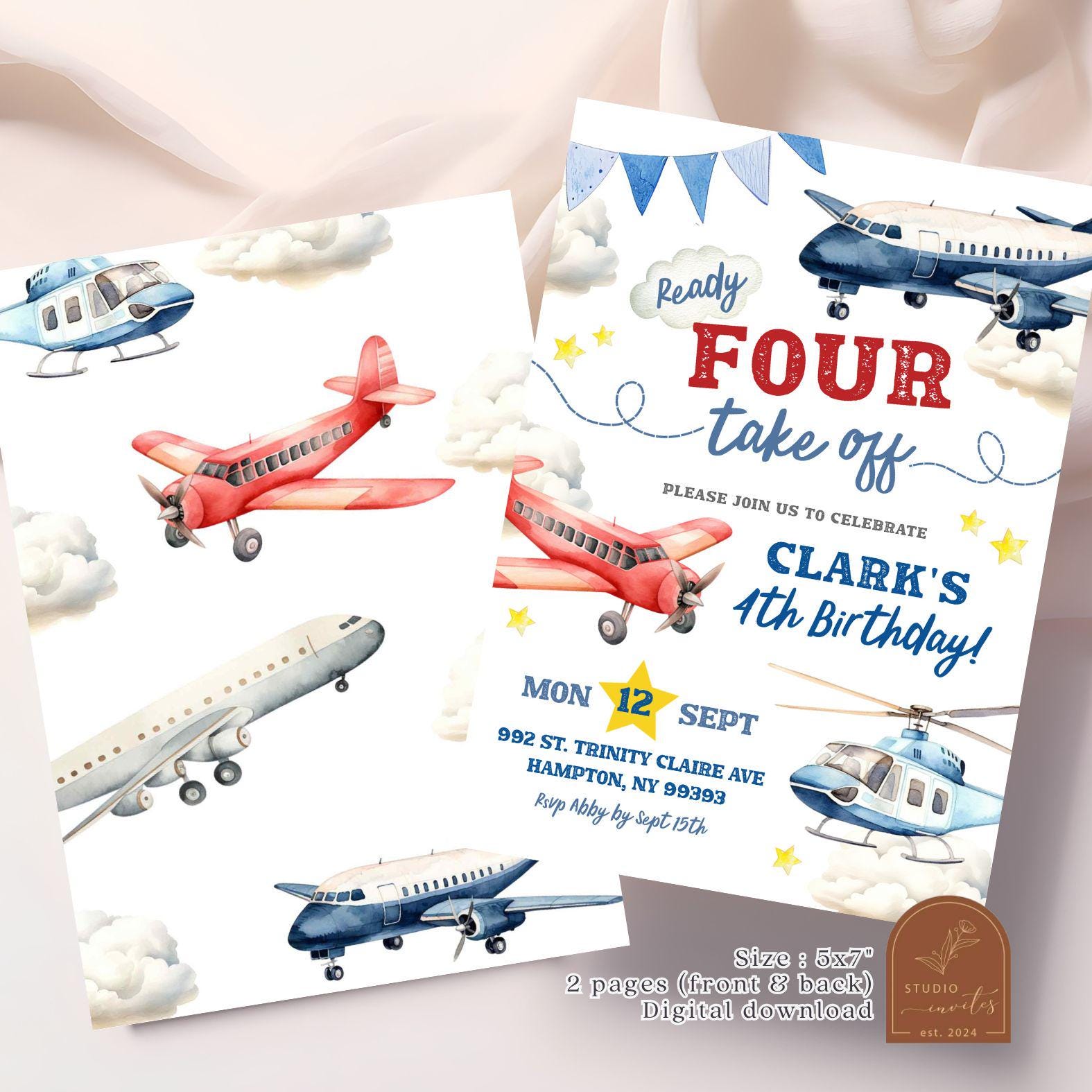 Airplanes 4th Birthday Boy Invitation, Ready Four Take off Plane 4th ...