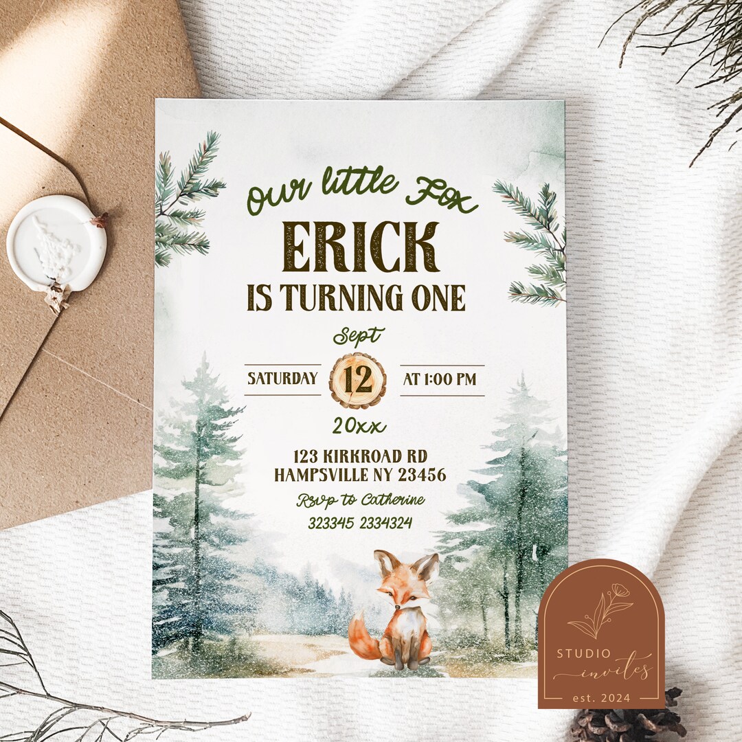 Little Fox is Turning One Birthday Invitation, Winter Forest Fox First ...
