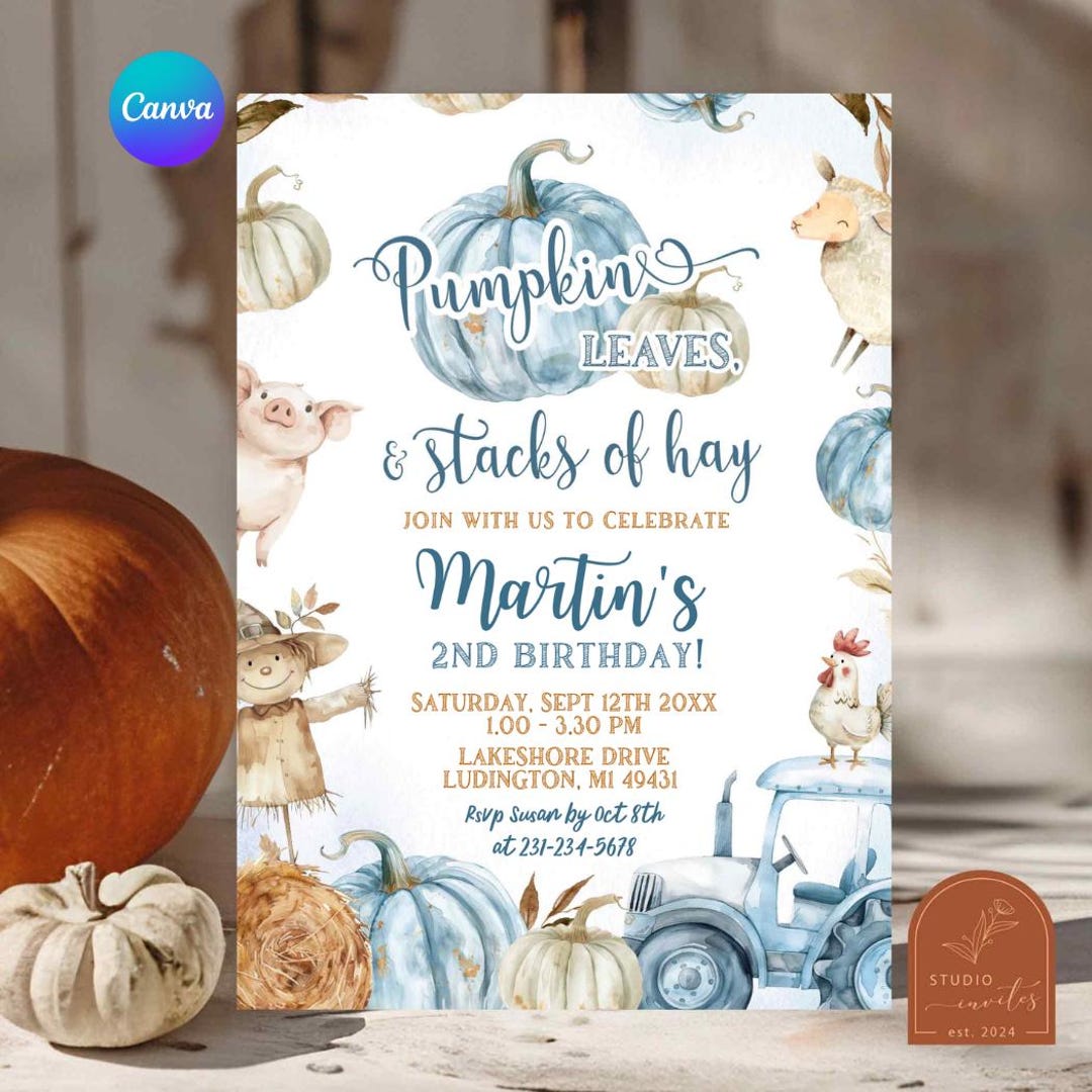 Blue Pumpkin Leaves and Stacks of Hay Boy Birthday Invitation, Boho ...