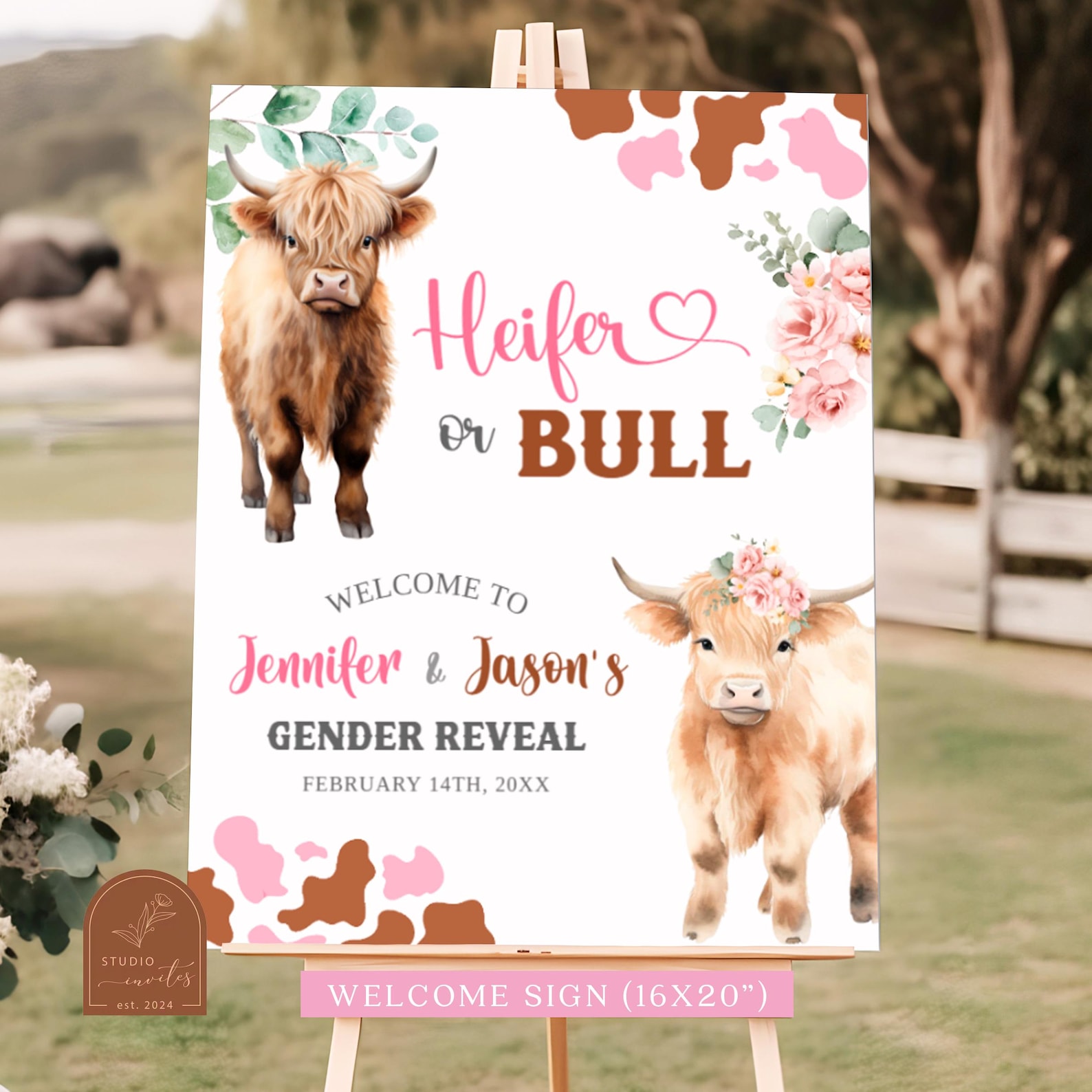Heifer or Bull Cow Gender Reveal Welcome Sign, Floral Highland Cow ...