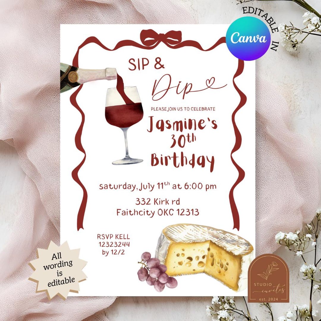 Whimsical Bow Wine Sip and Dip Birthday Invitation, Red Quirky Stripes ...