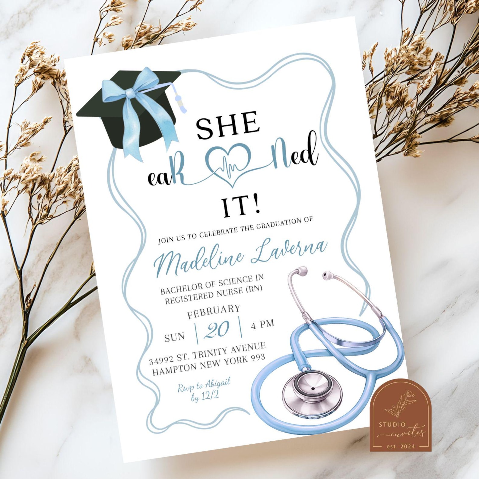 Blue Bow Nurse Graduation Party Invite, Coquette Medical Nursing ...