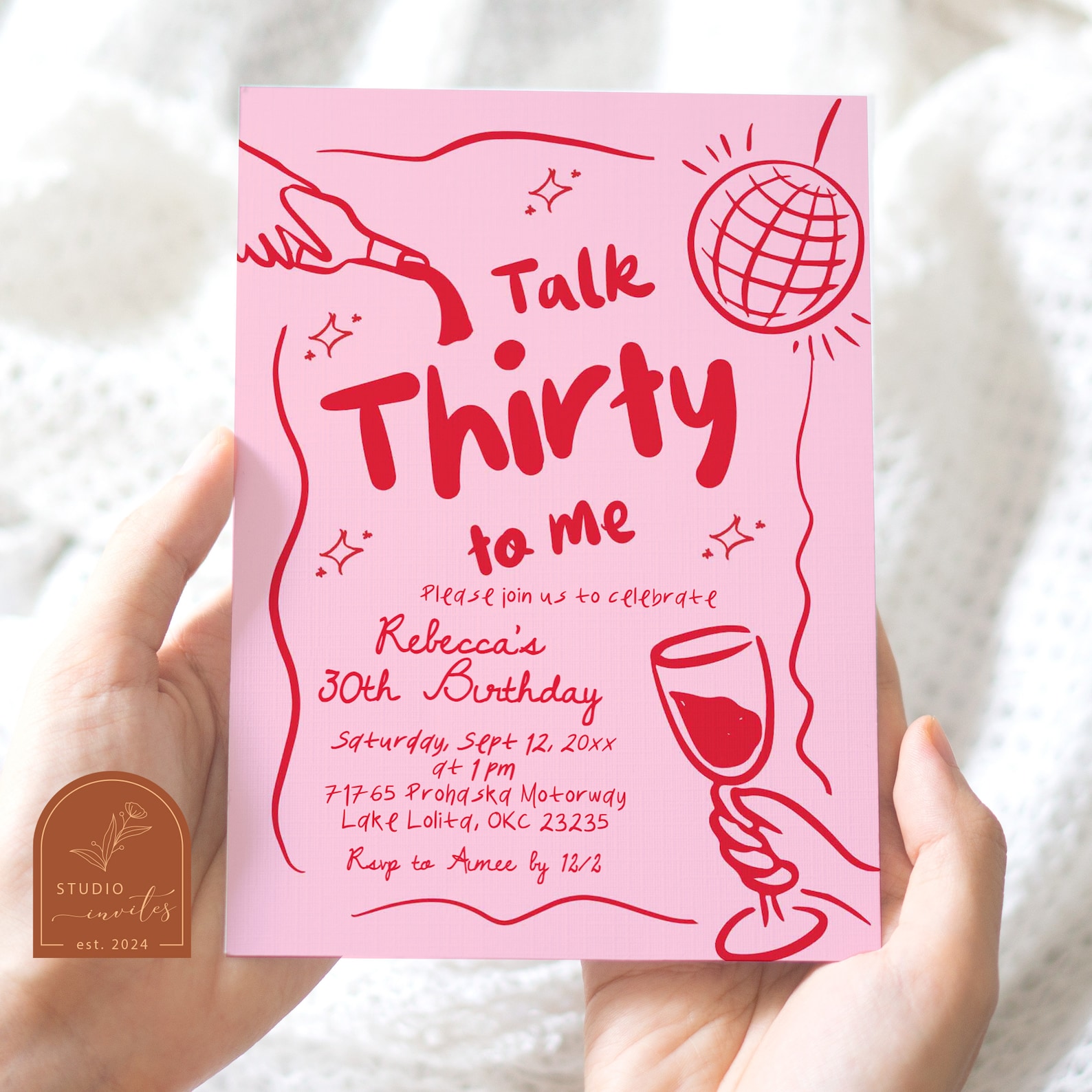 Talk Thirty to Me Women Birthday Party Invitation, Pink and Red Retro ...